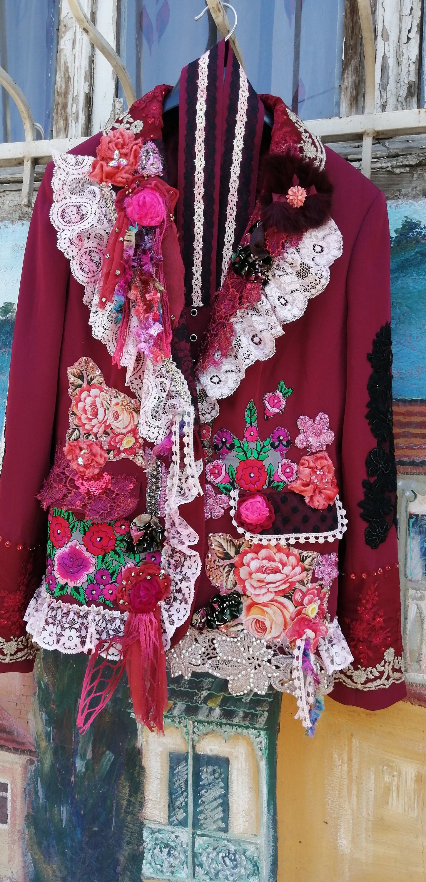 Artsy Boho Chic Dark Red Jacket, Vintage Reworked Jacket, Bohemian ...