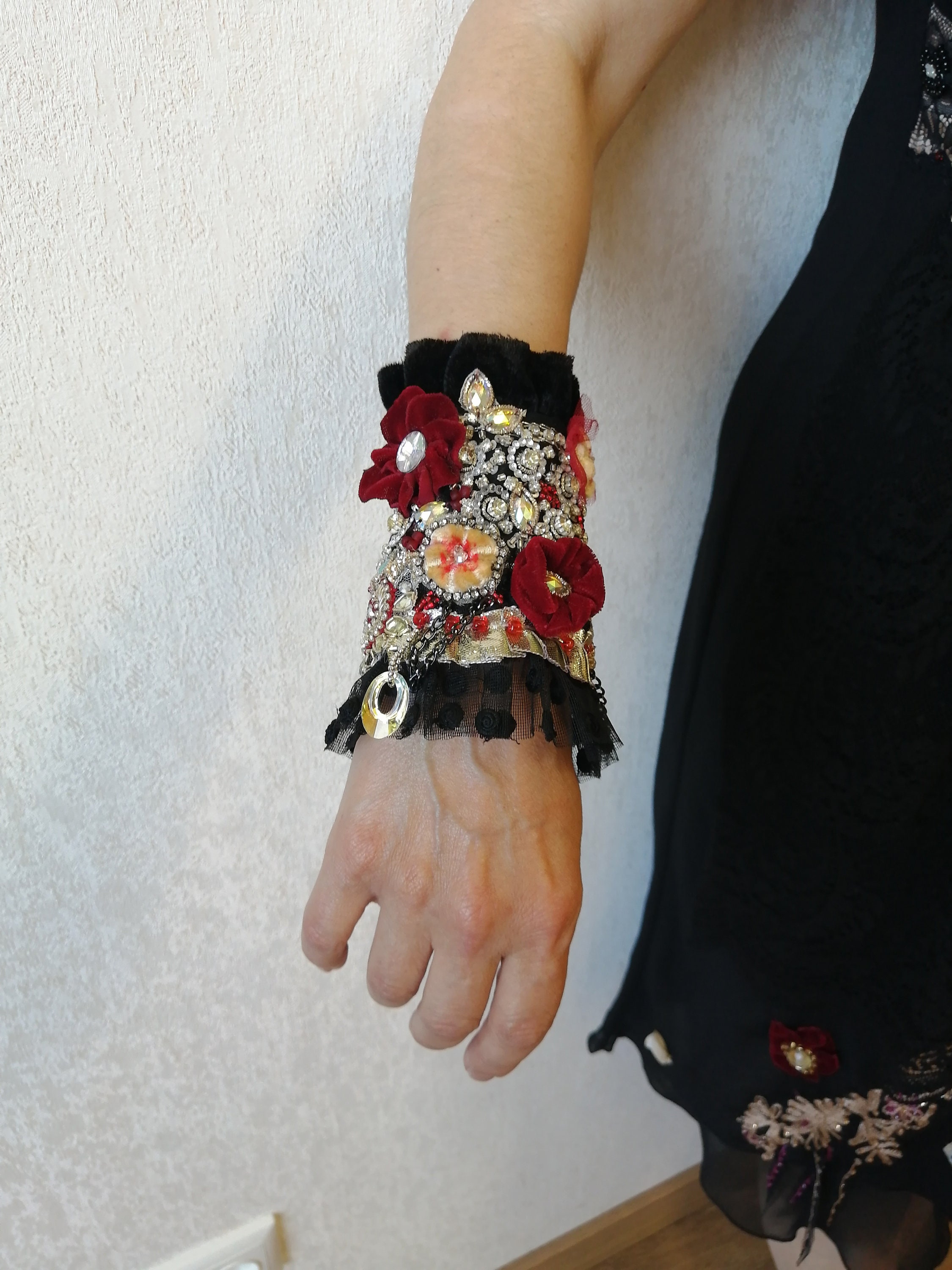Boho Chic Wrist Cuff, Embroidered Wrist Wrap With Velvet, Bohemian ...