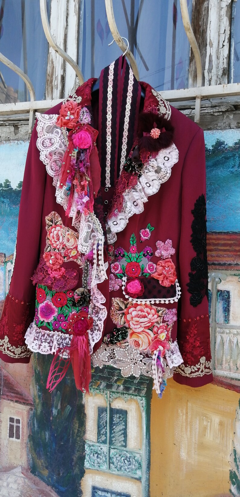 Artsy Boho Chic Dark Red Jacket, Vintage Reworked Jacket, Bohemian ...