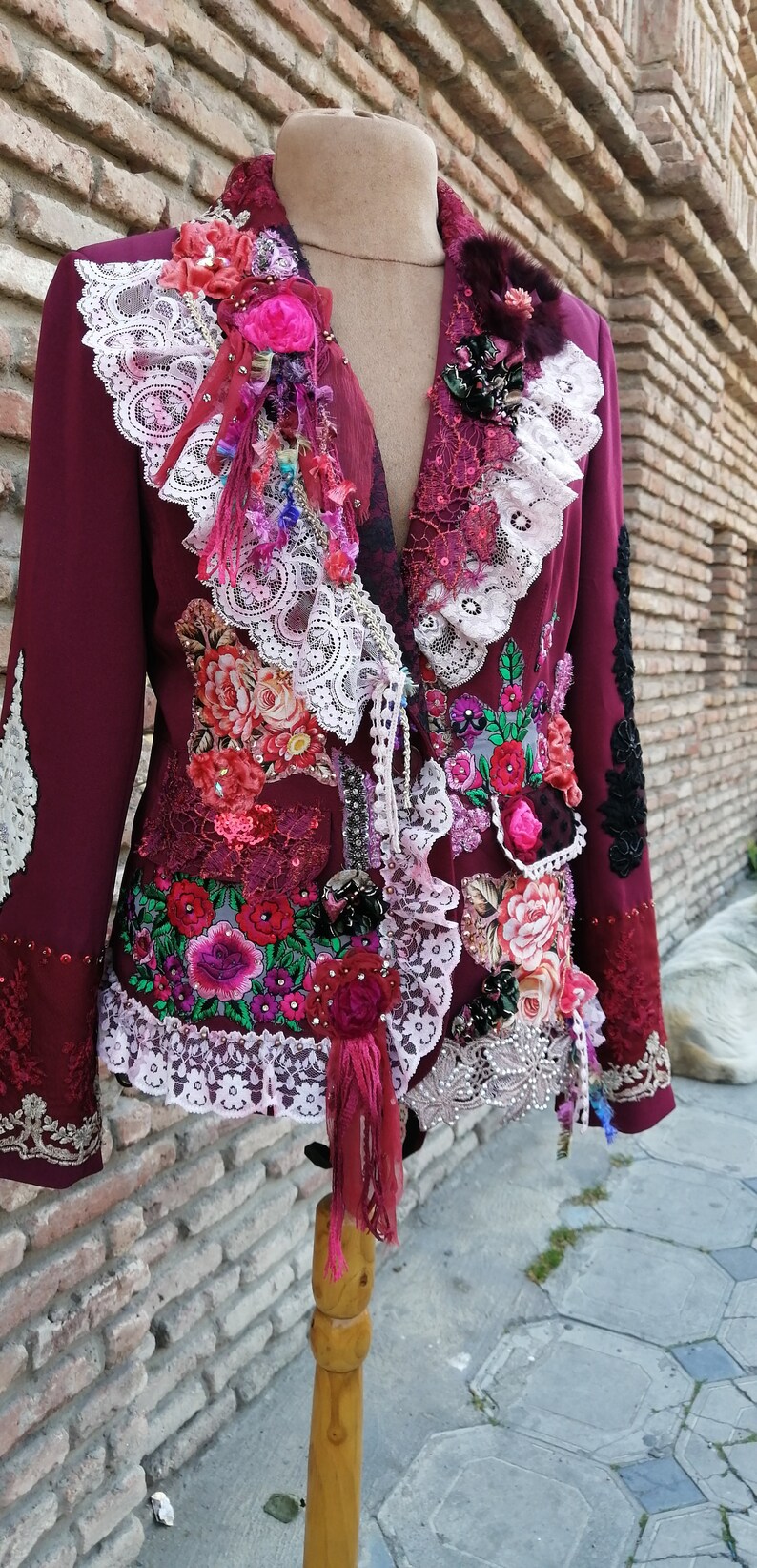 Artsy Boho Chic Dark Red Jacket, Vintage Reworked Jacket, Bohemian ...