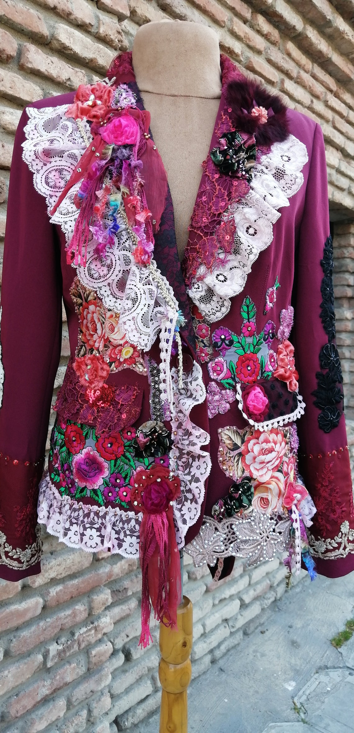 Artsy Boho Chic Dark Red Jacket, Vintage Reworked Jacket, Bohemian ...