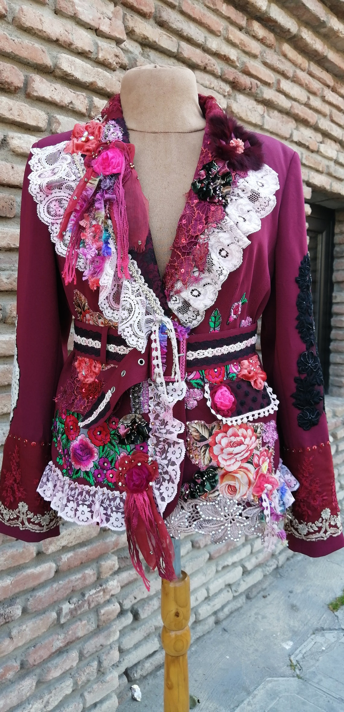 Artsy Boho Chic Dark Red Jacket, Vintage Reworked Jacket, Bohemian ...
