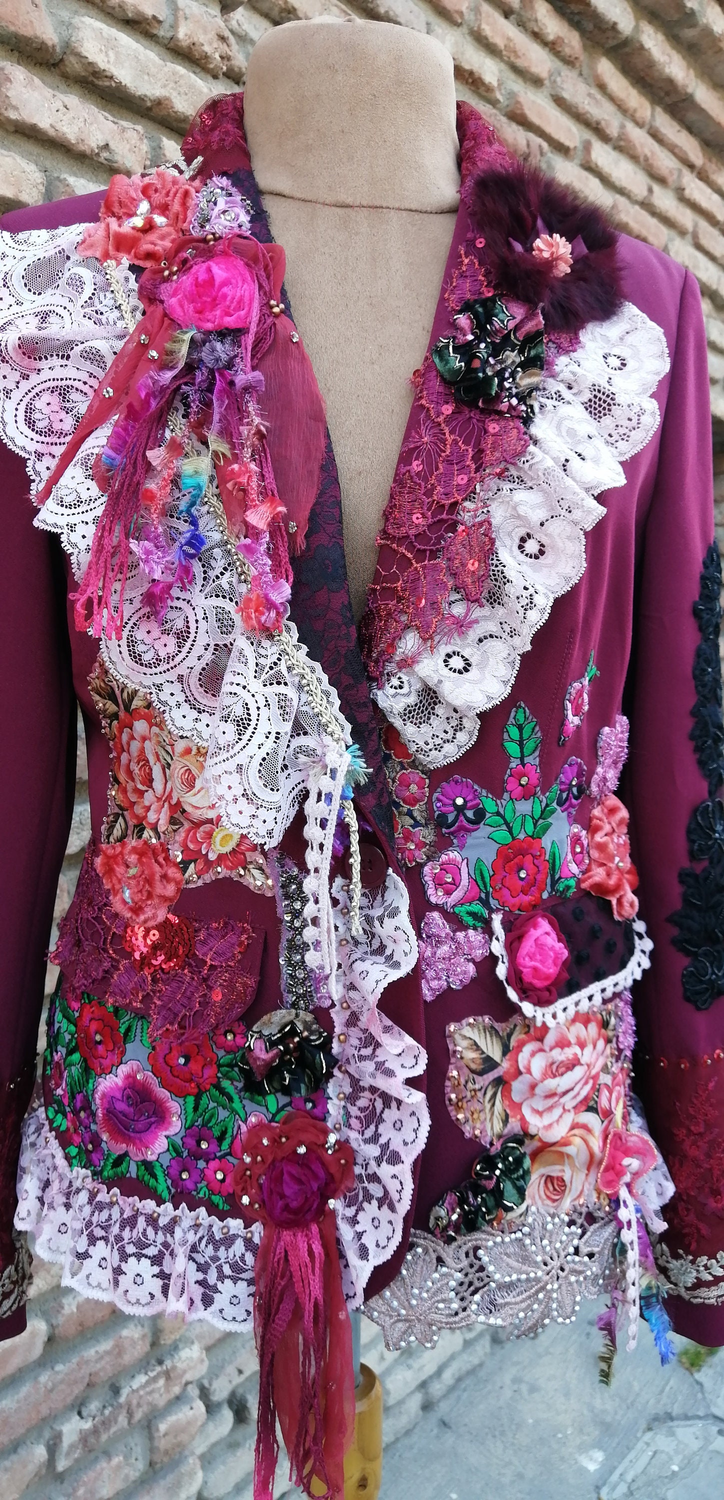Artsy Boho Chic Dark Red Jacket, Vintage Reworked Jacket, Bohemian ...