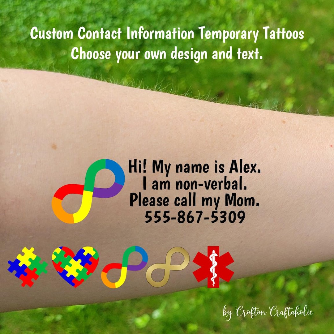 Custom Temporary Contact Info Tattoos - Name / Phone Number Tattoos for ...