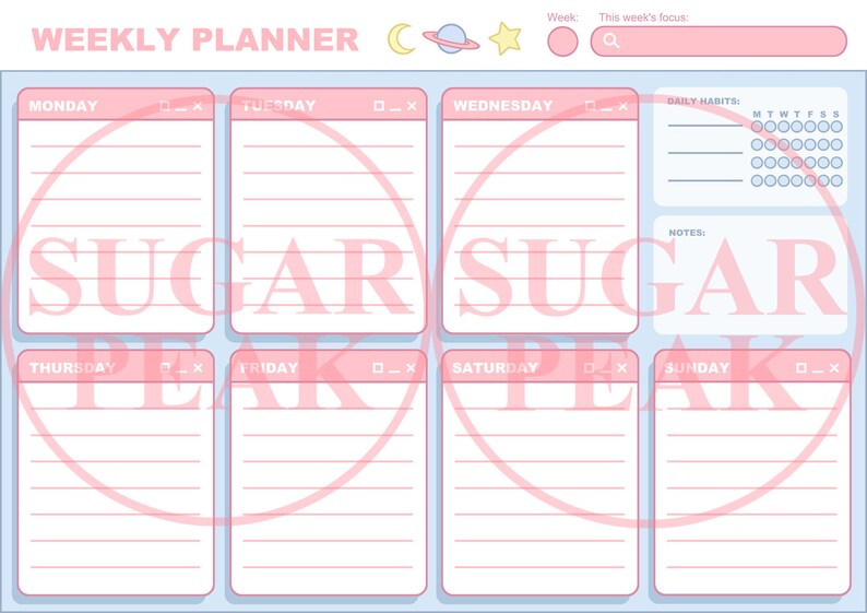 Printable Pastel Weekly Planner Cute Kawaii Pink Space | Etsy