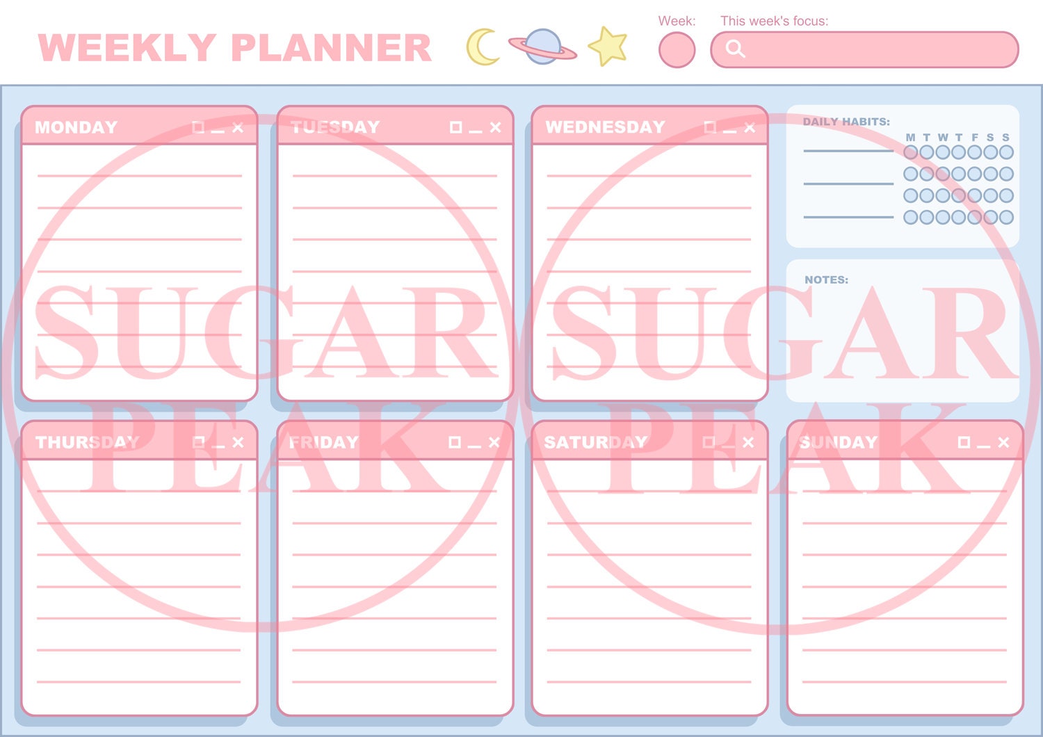 Printable Pastel Weekly Planner Cute Kawaii Pink Space - Etsy