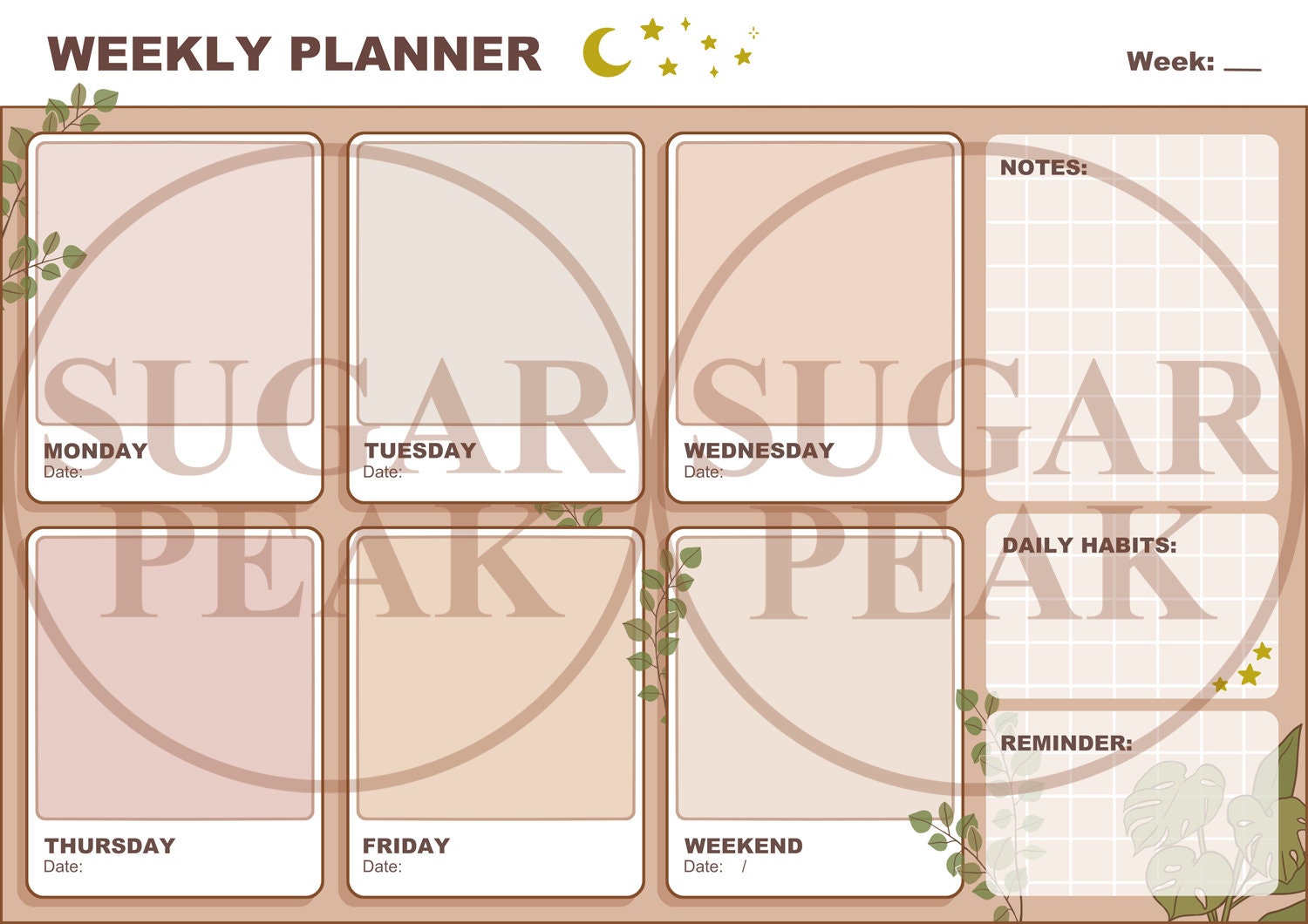 Aesthetic Printable Weekly Planner Pantone Cottagecore Moon, Stars ...