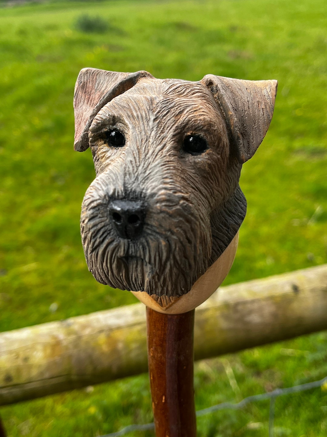 Hand Carved in Lime Airdale Head Country Walking Stick on Hazel Shank ...