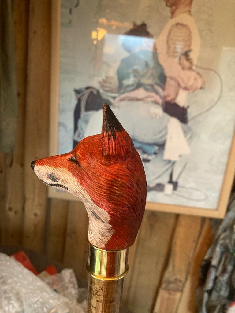 Hand Carved in Lime Fox Head Country Walking Stick on Hazel Shank - Etsy