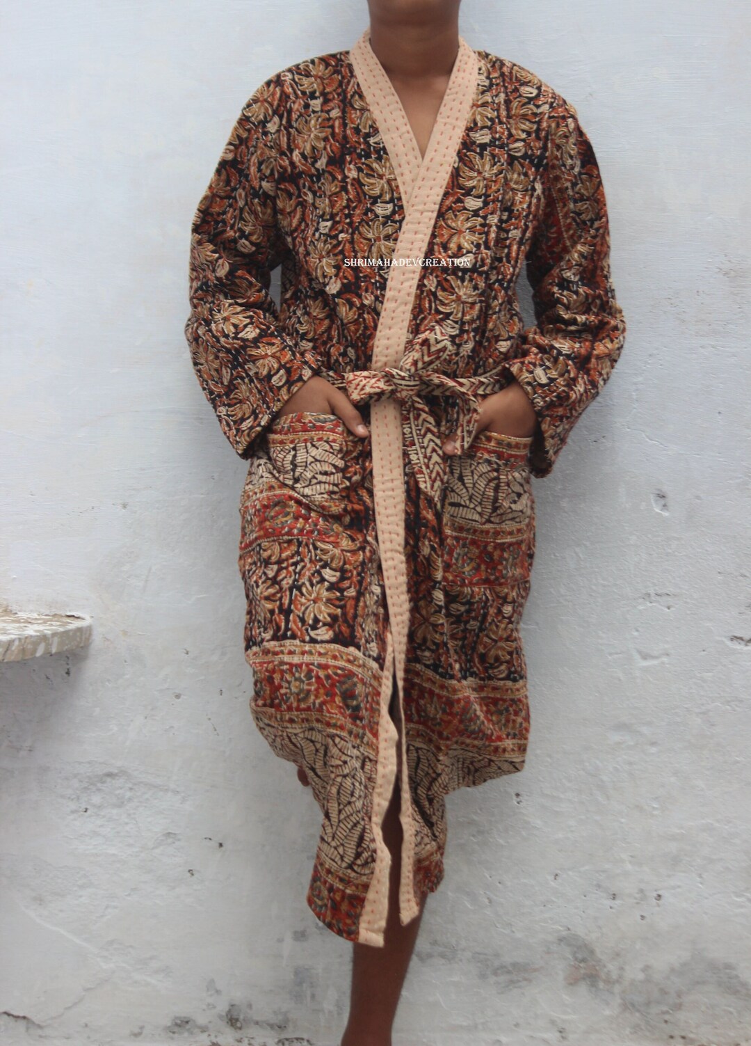 New Handmade Kimono Style Robe, Hand Floral Print Cotton Kantha Bath ...