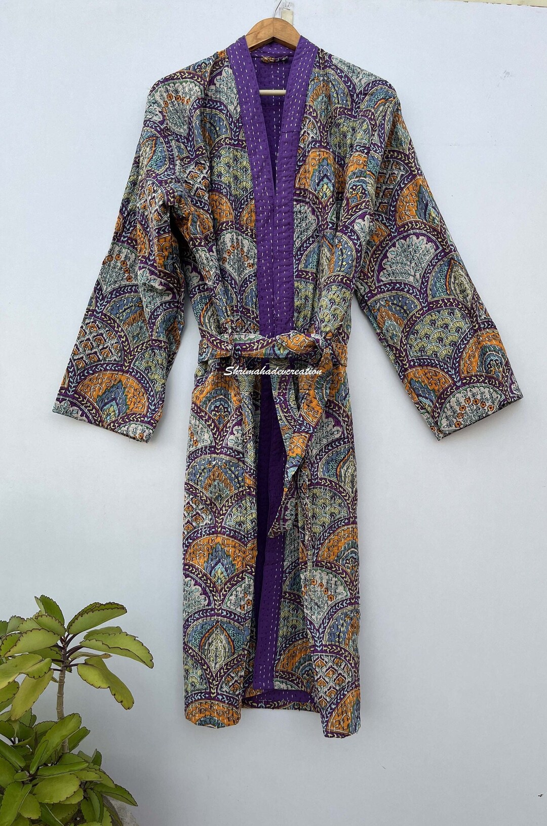 Purple Floral Printed Bridesmaid Winter Wear Night Bathrobe Kantha ...