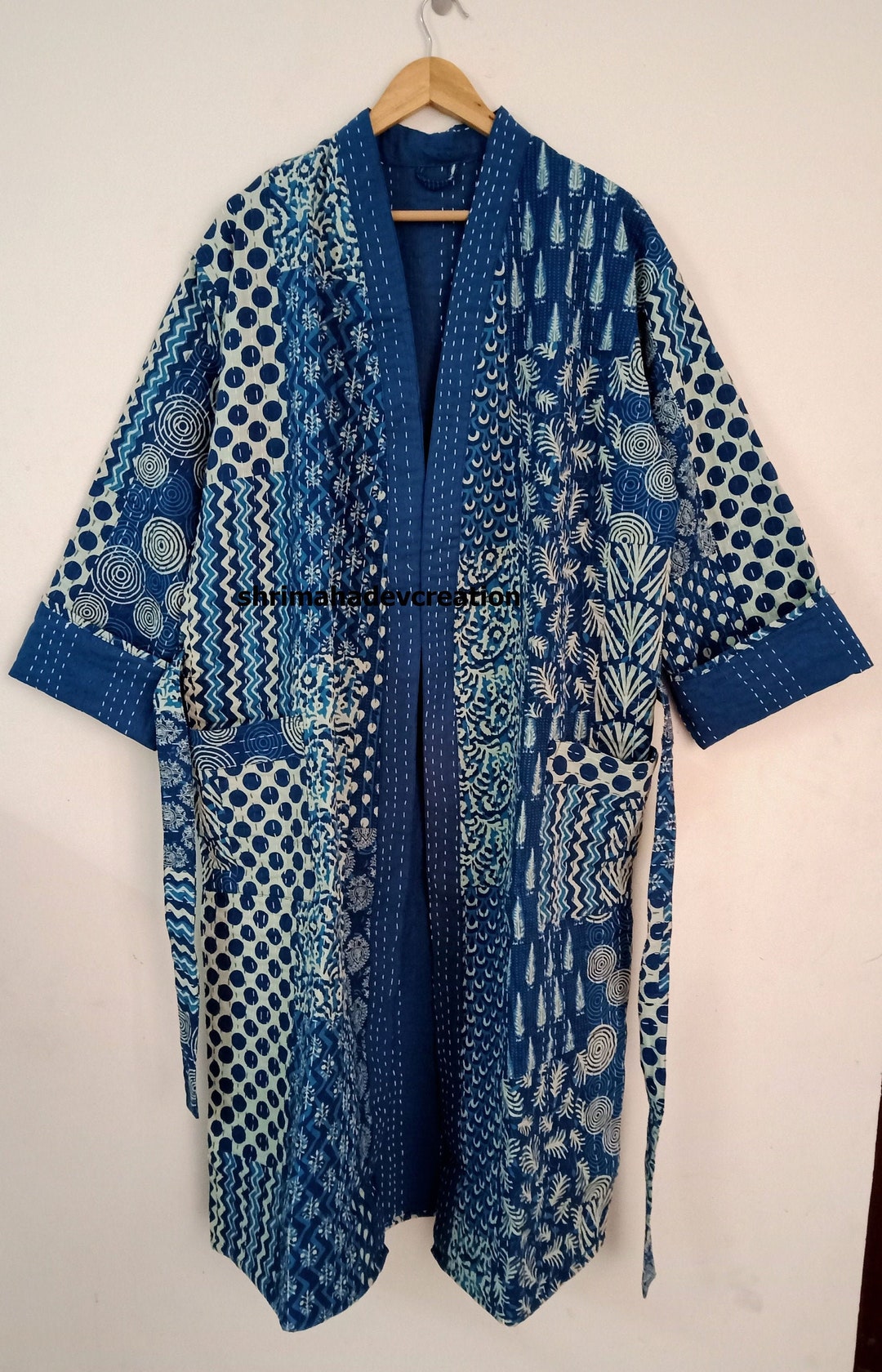 Indigo Patchwork Print Kimono Cotton Kimono Wrap Dress - Etsy