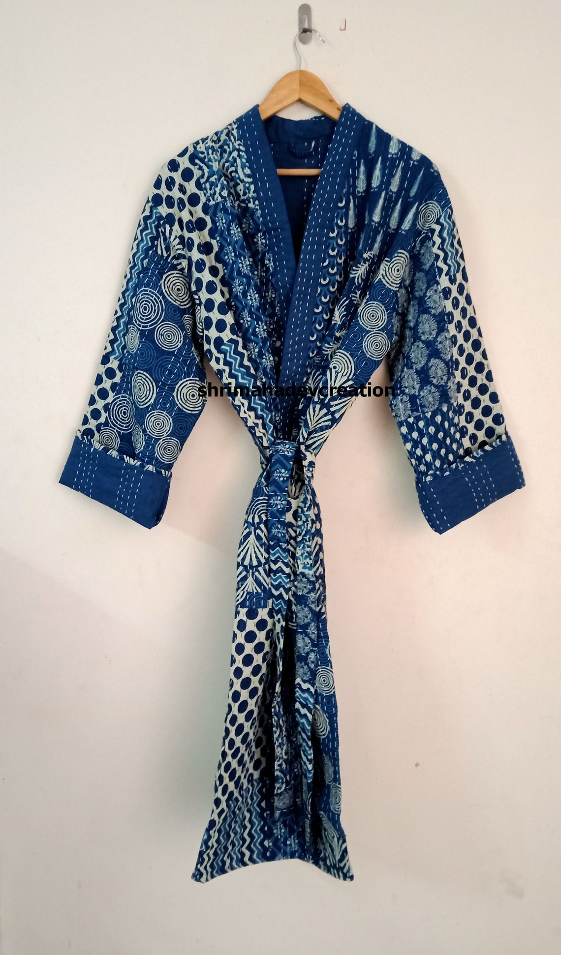 Indigo Patchwork Print Kimono Cotton Kimono Wrap Dress - Etsy
