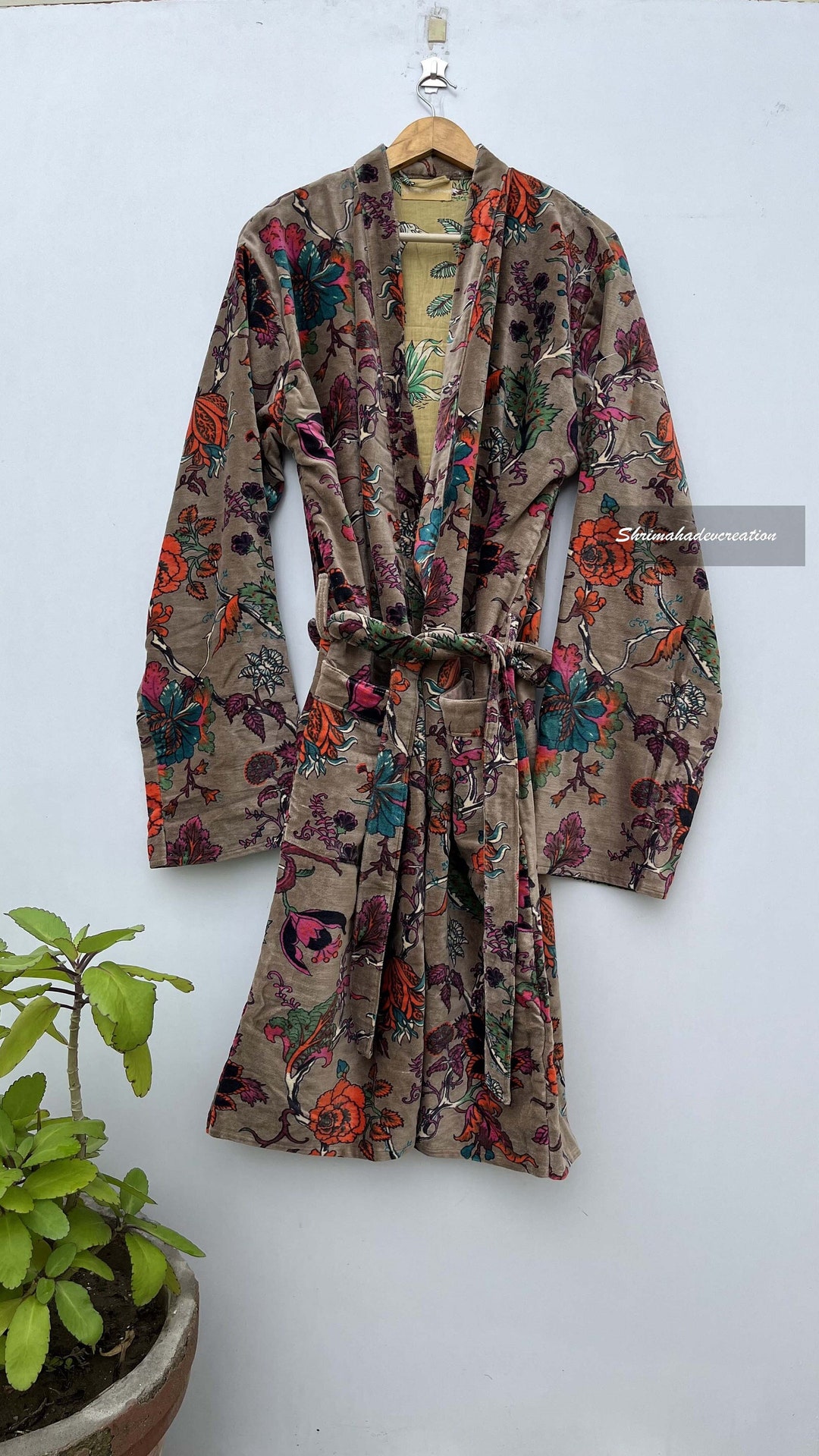 Women's Reversible Velvet Jacket Floral Printed Night Bath Robe Resort ...