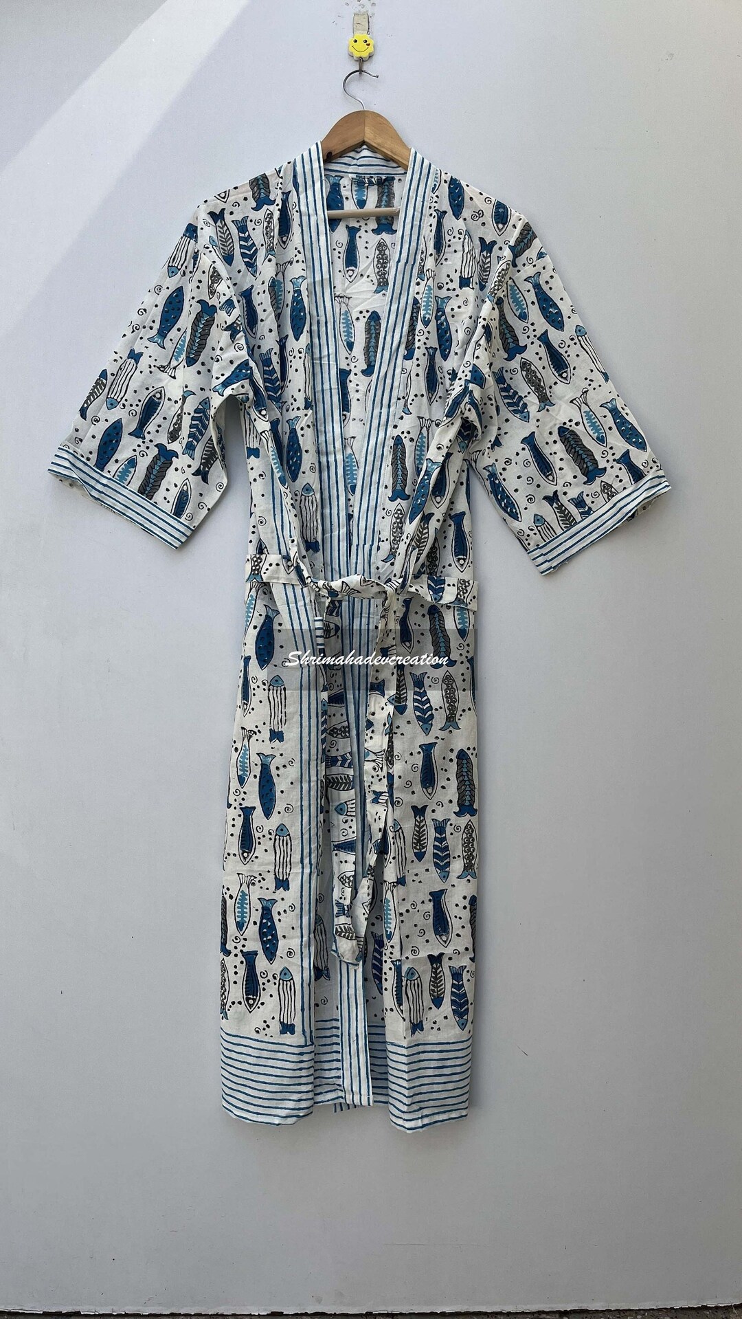 Handmade Indian Cotton Kimono, Fish Block Print Robe, Bridesmaid Gift ...