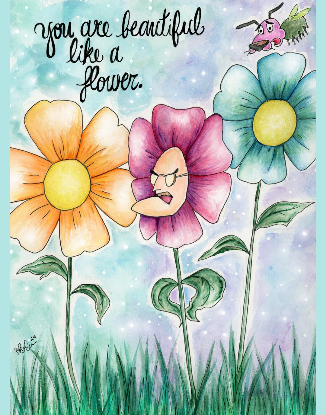 Courage the Cowardly Dog Print: Eustace Flower Watercolor (11x14) - Etsy
