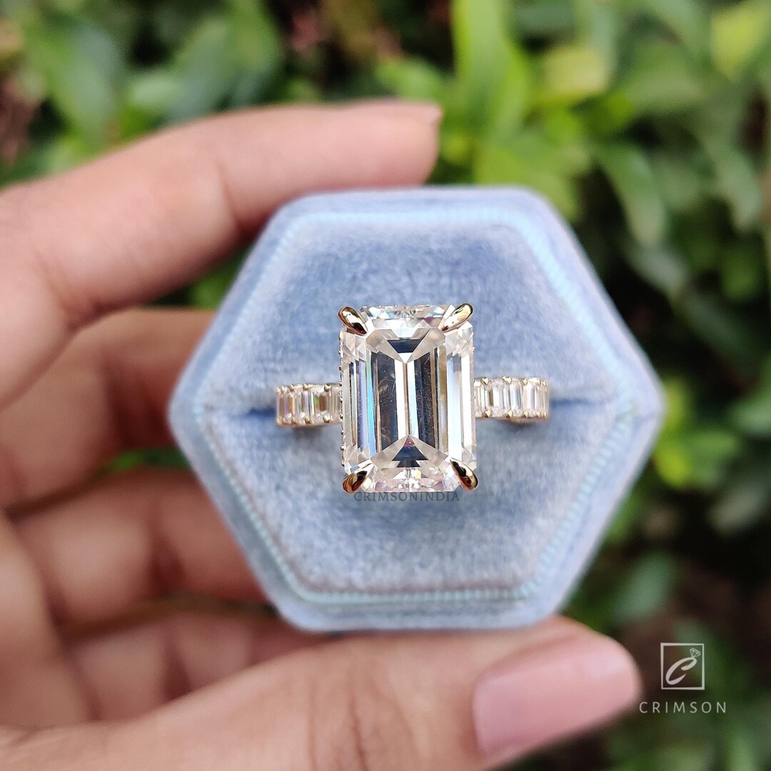 8.5 CT Emerald Cut Moissanite Engagement Ring, 14K Solid Gold Ring ...