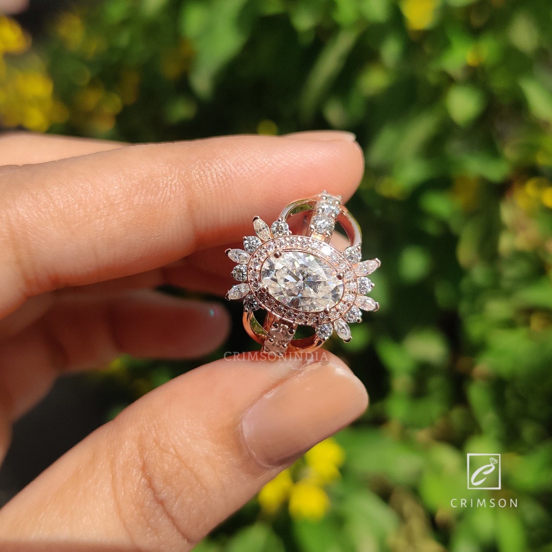 Starburst Ring, 1.40 CT Oval Cut Moissanite Engagement Ring, Double ...