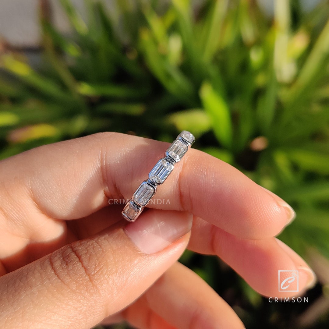 Emerald Cut East West Moissanite Eternity Ring, Bezel Set Band, Half ...