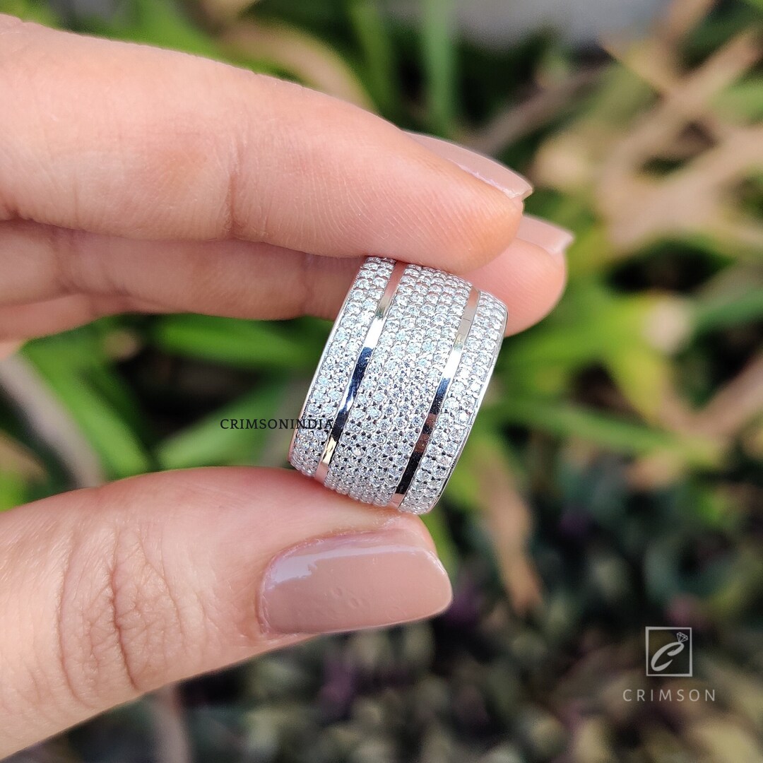 Multi Row Pave Bold Band 2.01 TCW Round Cut Moissanite Full Eternity ...