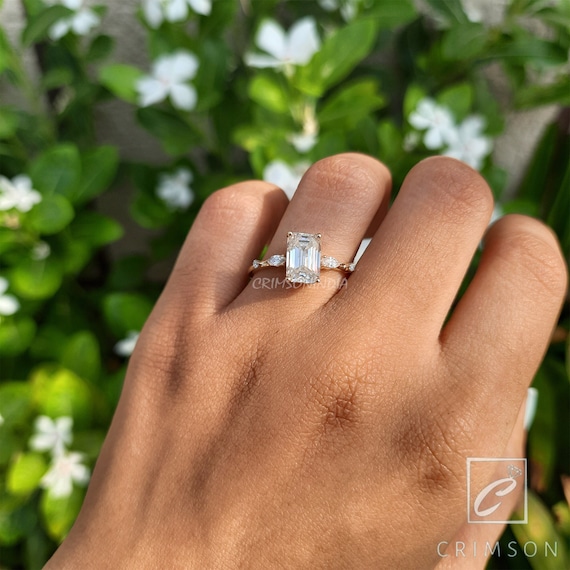 2.3 Ct Emerald Cut Moissanite Engagement Ring Floating Band Anniversary Gift Half Eternity Wedding Ring 14K Yellow Gold Promise Ring Etsy