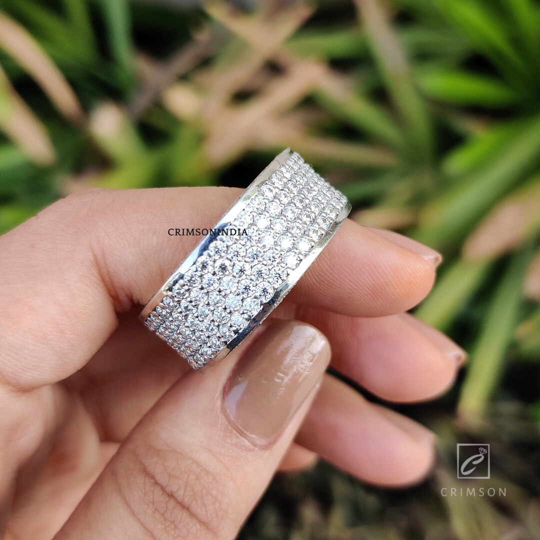 Multi Row Pave Bold Band, Round Cut Colorless Moissanite Full Eternity ...