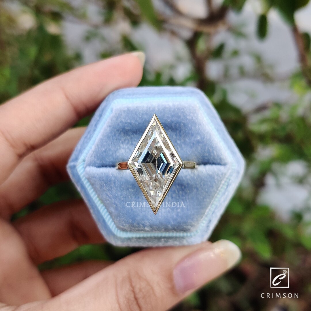 Lozenge Cut Bezel Set Moissanite Engagement Ring, Kite Cut Bezel Set ...