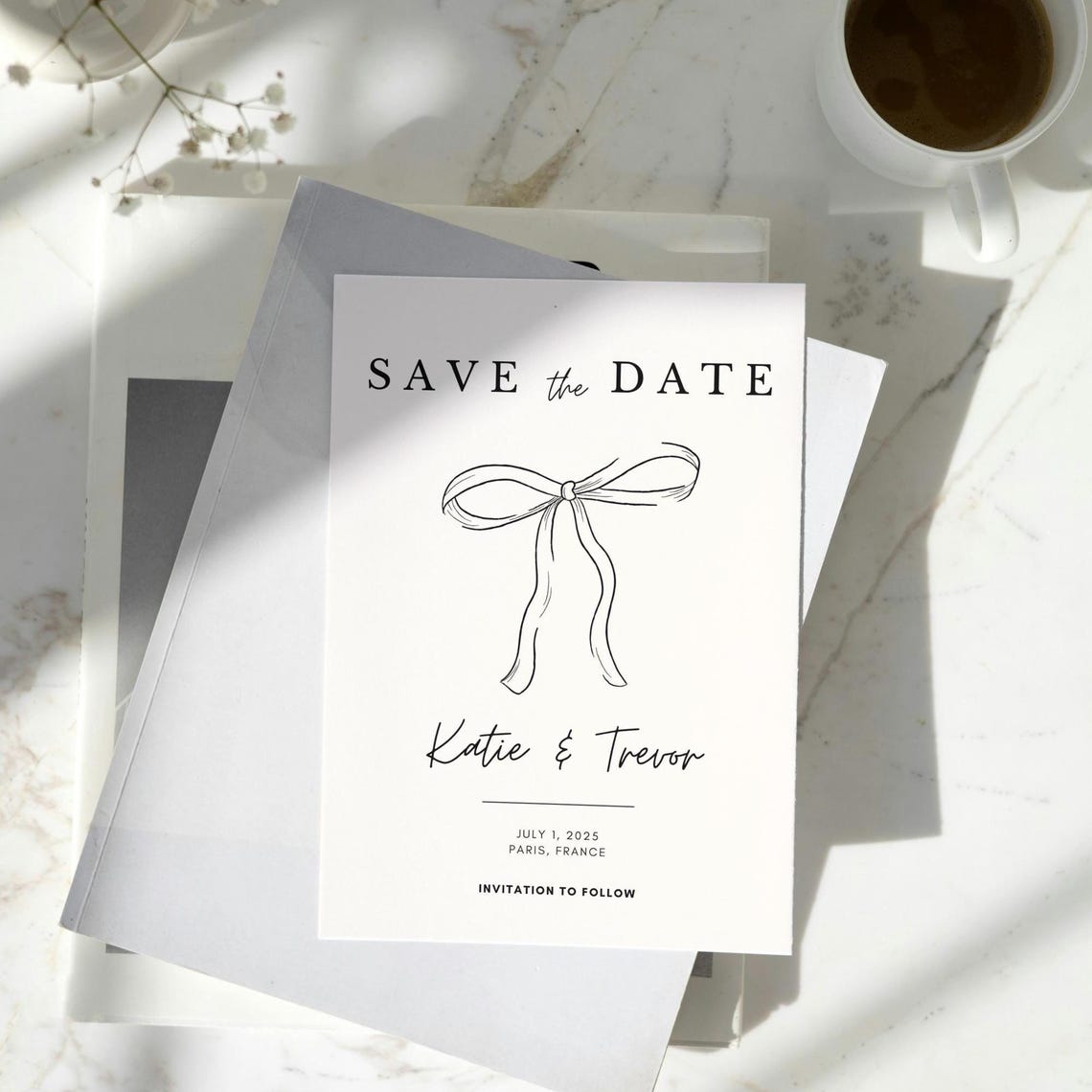 Bow Save the Date Template | Hand Drawn Invitation | Minimal Wedding ...