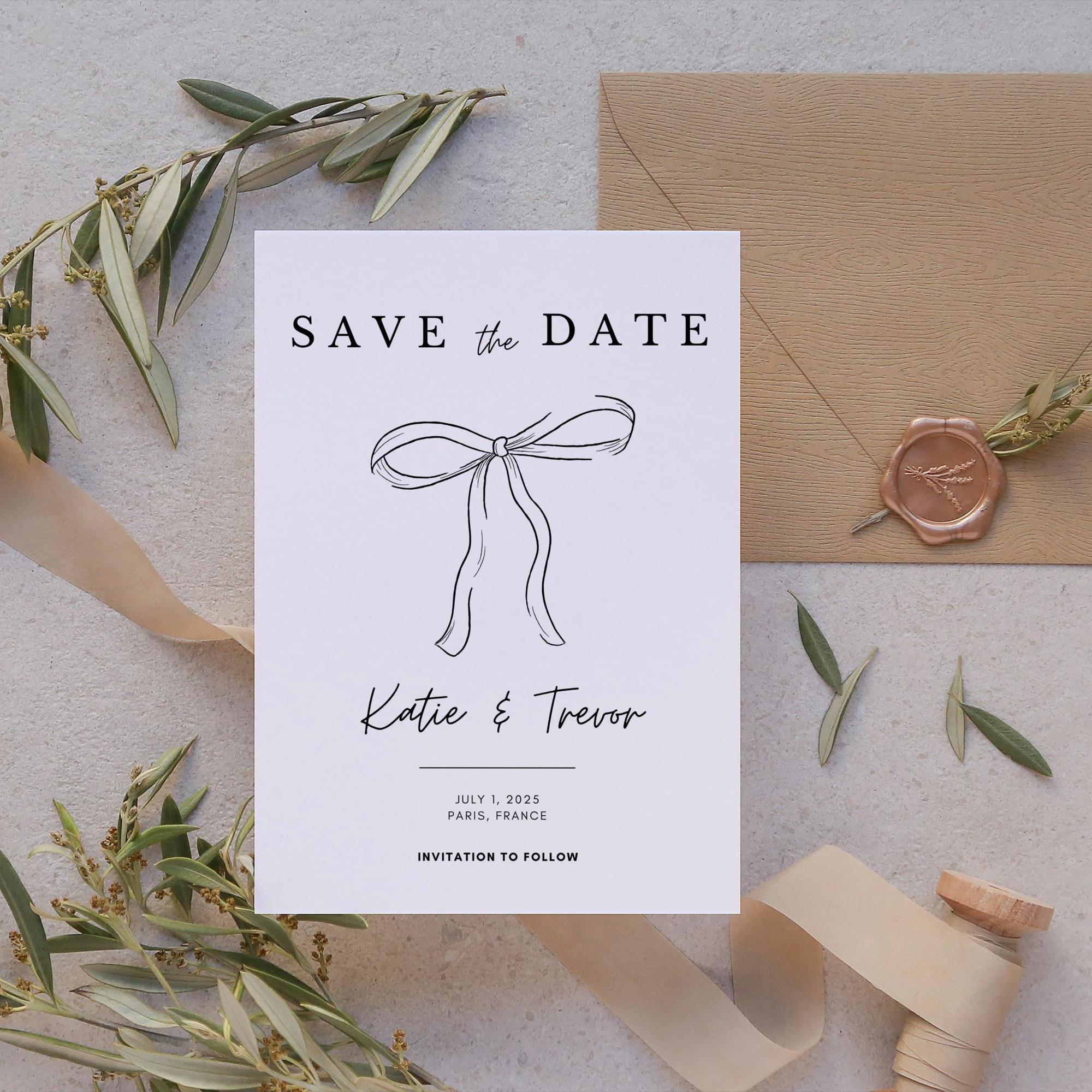 Bow Save the Date Template | Hand Drawn Invitation | Minimal Wedding ...