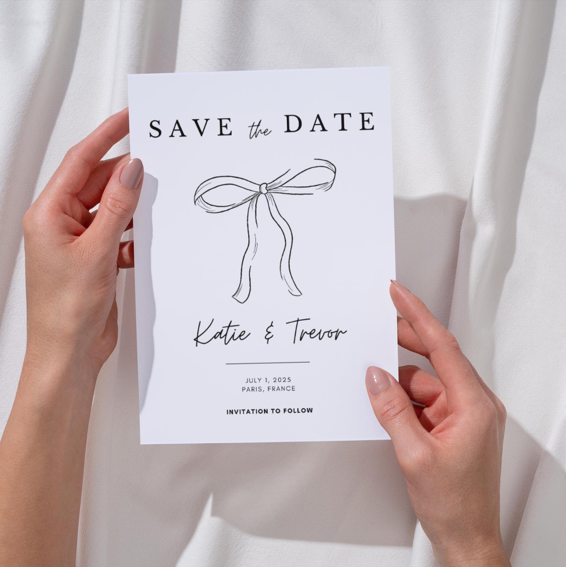 Bow Save the Date Template | Hand Drawn Invitation | Minimal Wedding ...