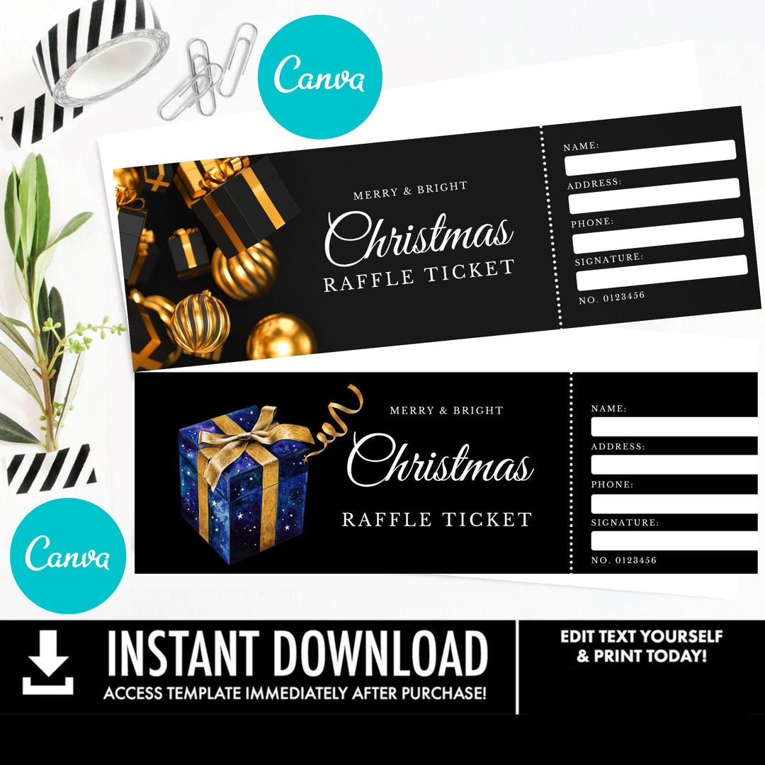 Editable Raffle GOLD Christmas Ticket Template Canva | Raffle Ticket ...