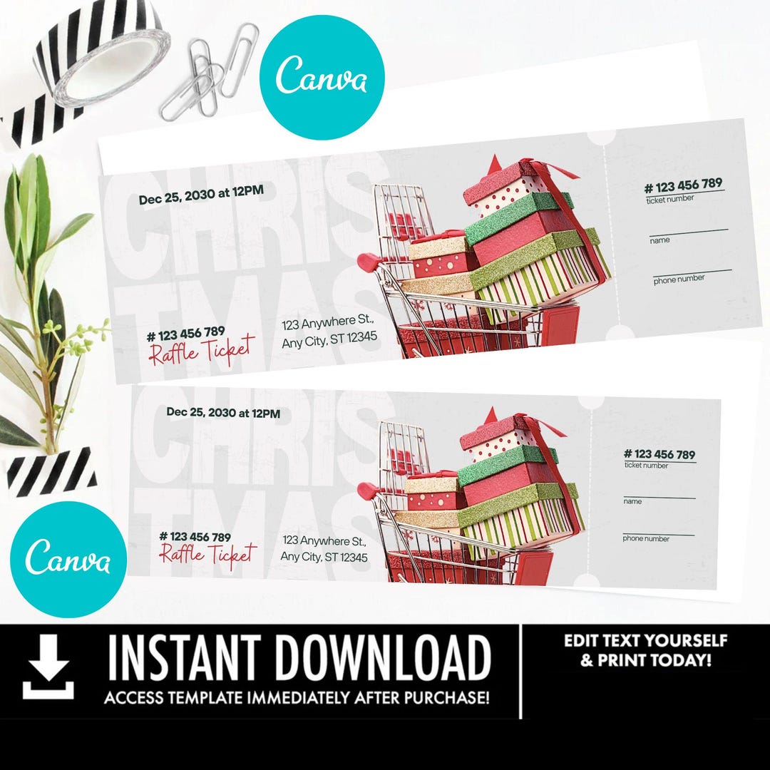 Editable Gray and Red Christmas Ticket Template Canva | Raffle ...