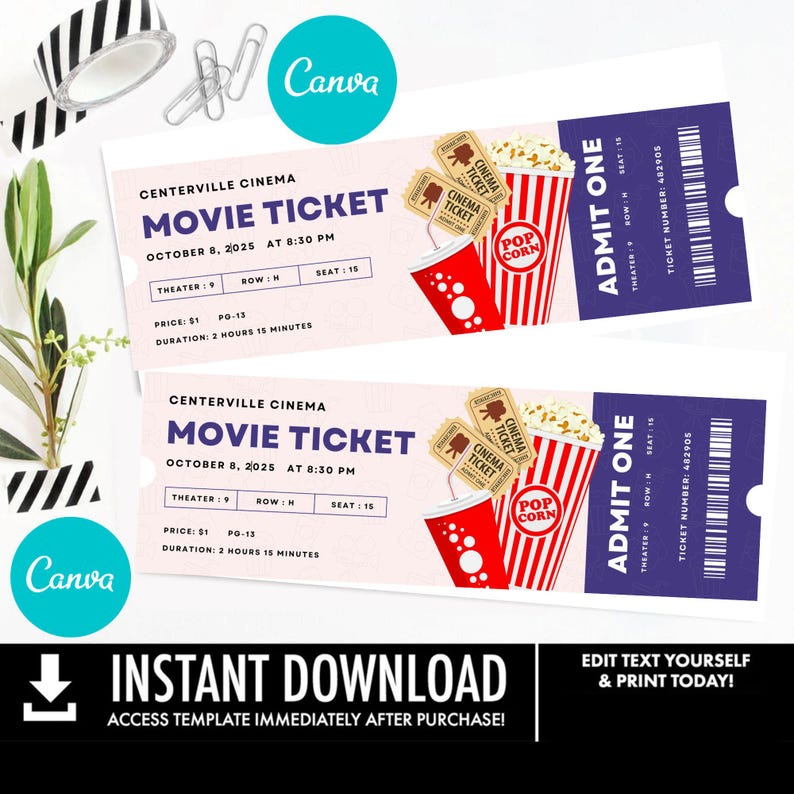 Editable Ticket Movie Night Template Canva | Surprise Invitation Ticket ...