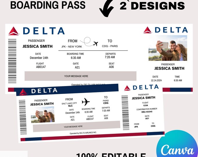 Editable Boarding Pass Ticket Template, Surprise Airline Gift, Delta Airlines, Printable Airline ...