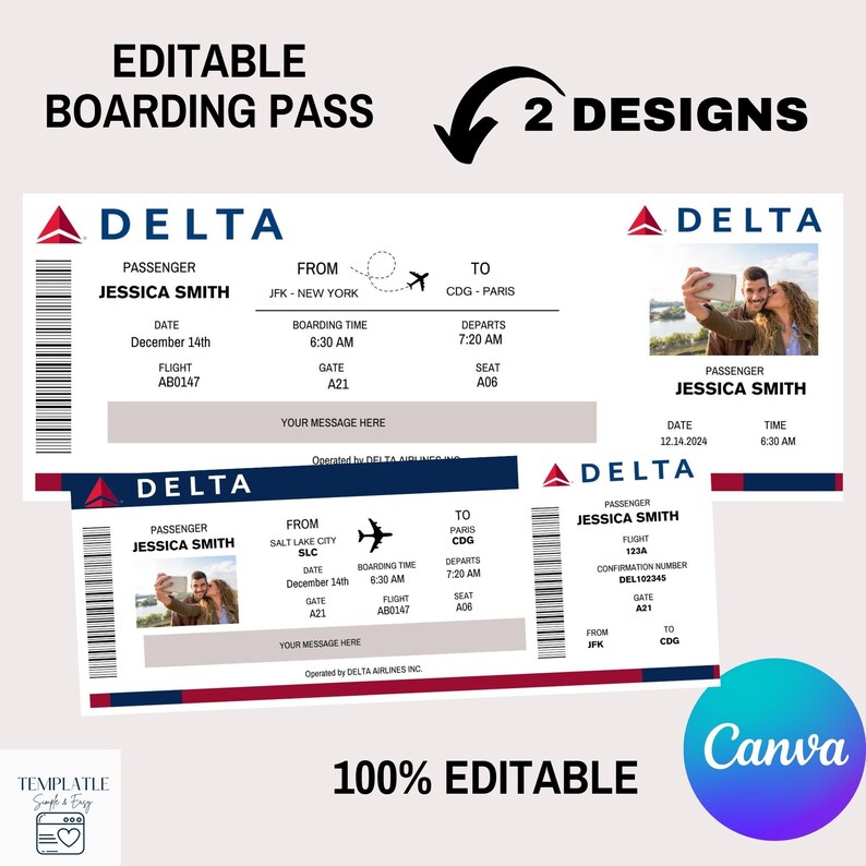 Editable Boarding Pass Ticket Template, Surprise Airline Gift, Delta ...