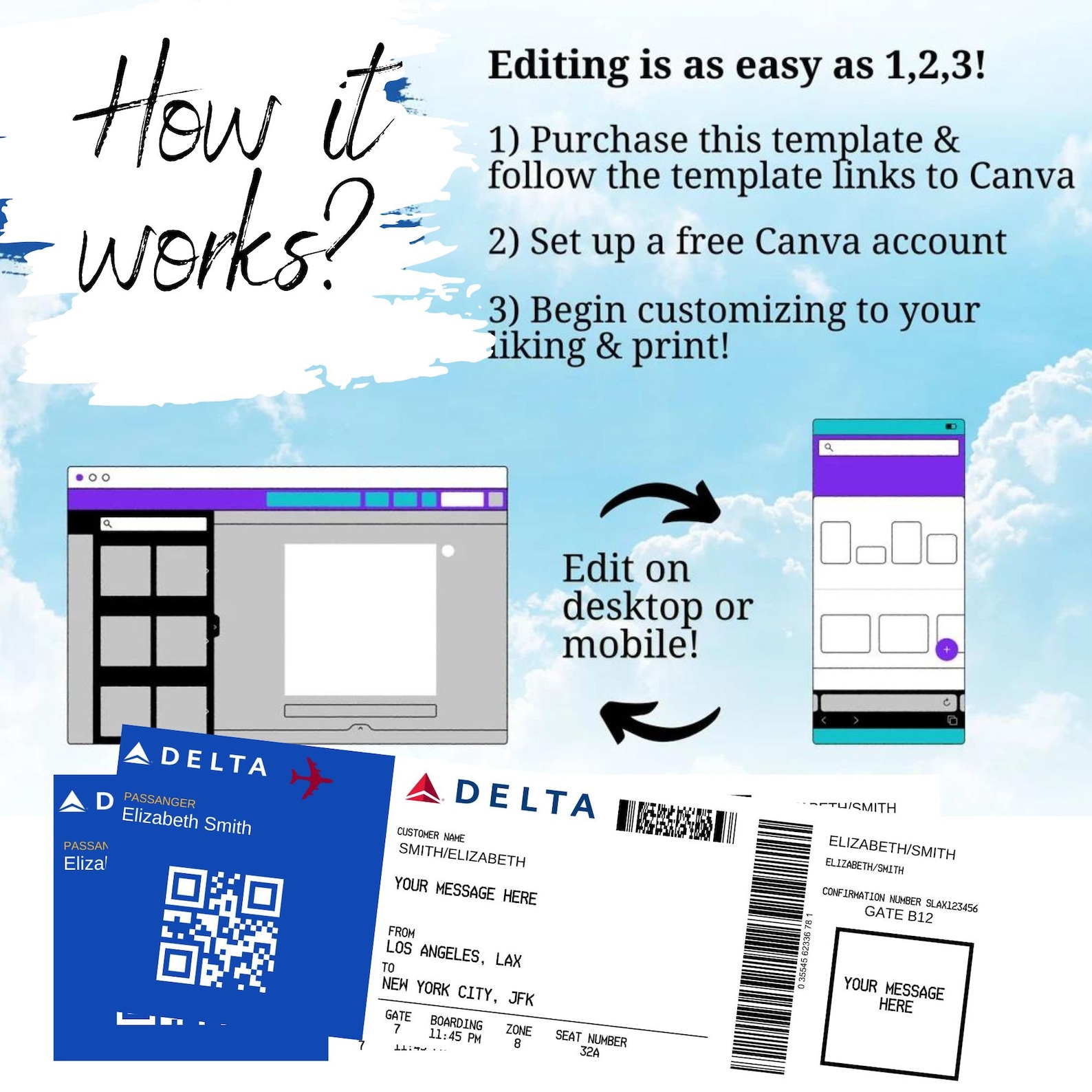 Editable Boarding Pass Ticket Template, Surprise Airline Gift, Delta ...