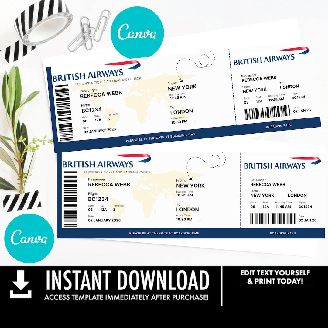Editable British Ticket Template Canva Boarding Pass Invitation ...