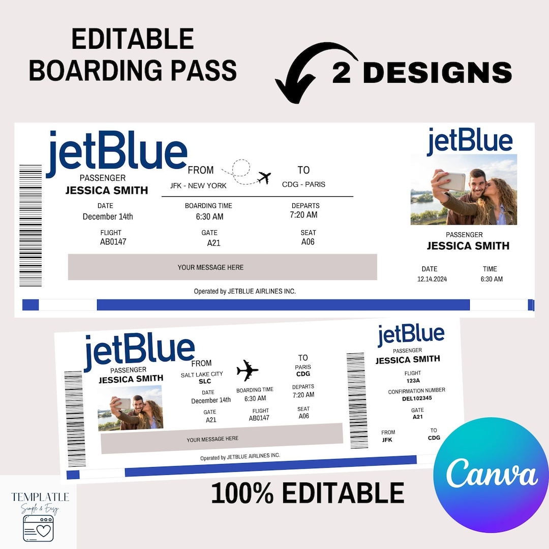Editable Boarding Pass Ticket Template, Surprise Airline Gift, Jetblue ...