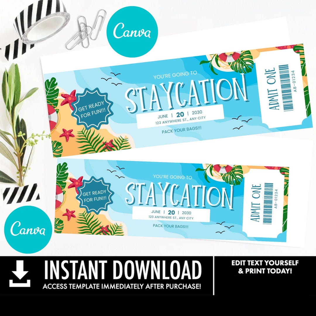 Editable Staycation Ticket Template Canva | Suprise Ticket Vacation ...