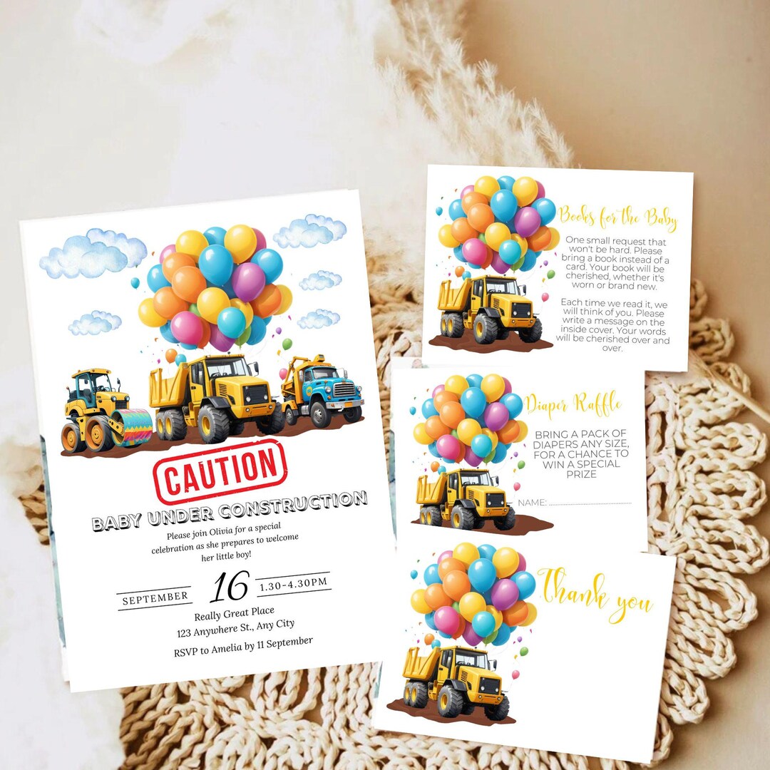 Under Construction Baby Shower Invitation Bundle Set I Invite Template ...