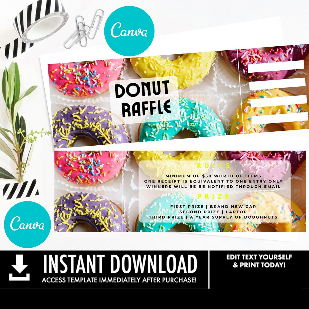 Editable Raffle Donut Ticket Template Canva | Raffle Ticket Donut ...