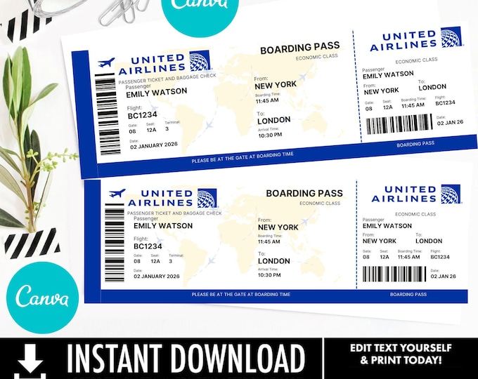 Editable United Ticket Template Canva Boarding Pass Invitation ...