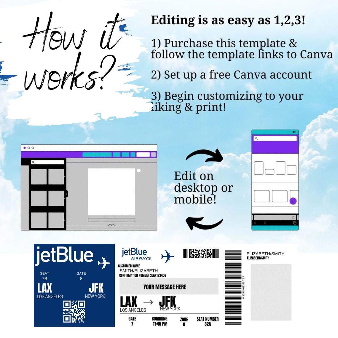 Editable Boarding Pass Ticket Template, Surprise Airline Gift, Jetblue ...