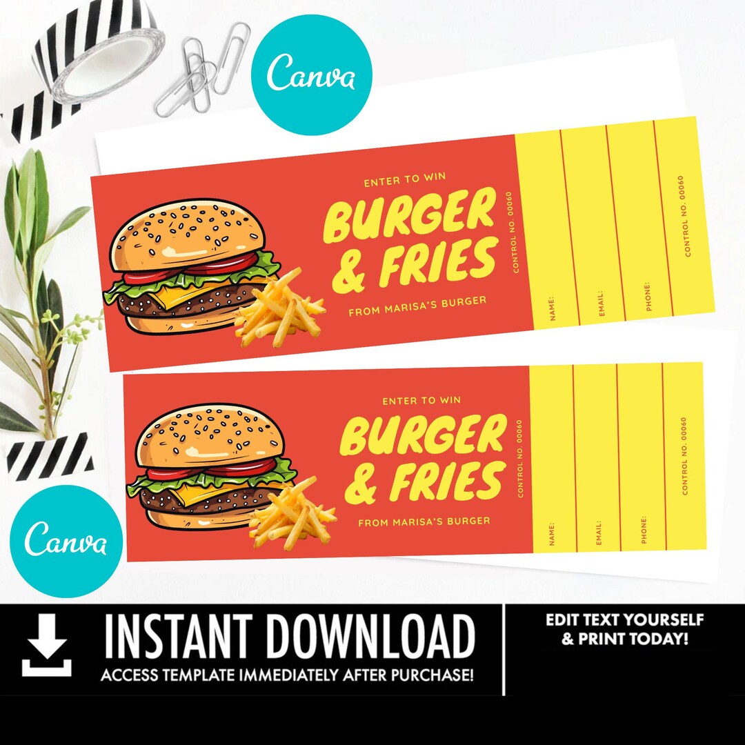 Editable Raffle Burger & Fries Ticket Template Canva | Raffle Ticket ...
