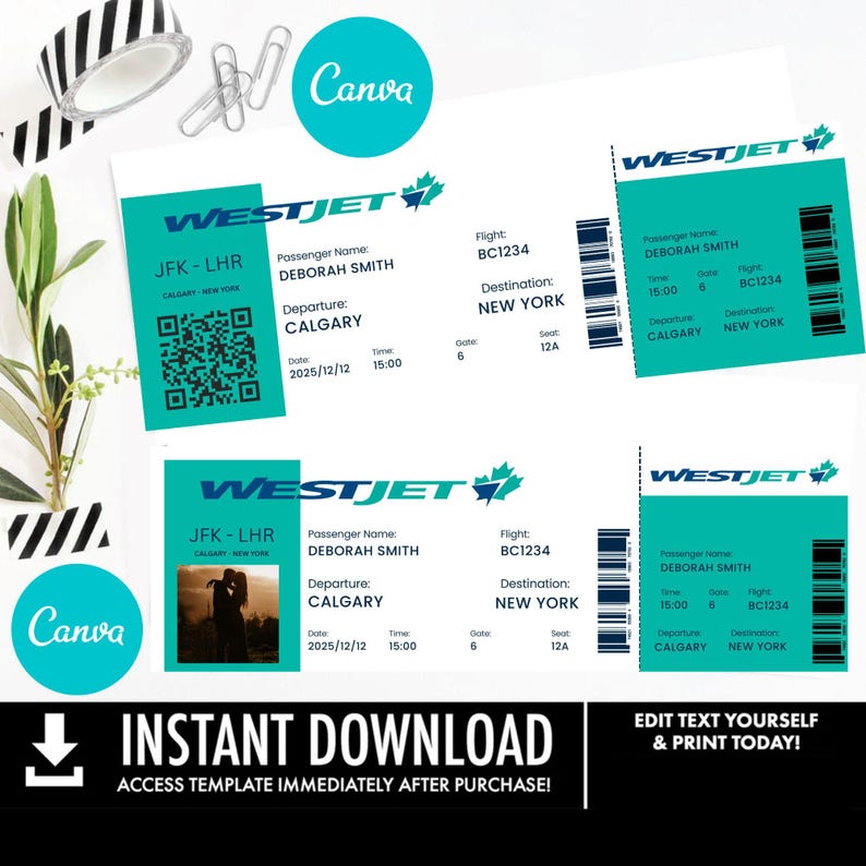 Editable Boarding Pass Ticket Template, Surprise Airline Gift, Westjet ...
