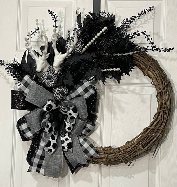 White and Black Deer Head and Pumpkin Grapevine Wreath - Etsy