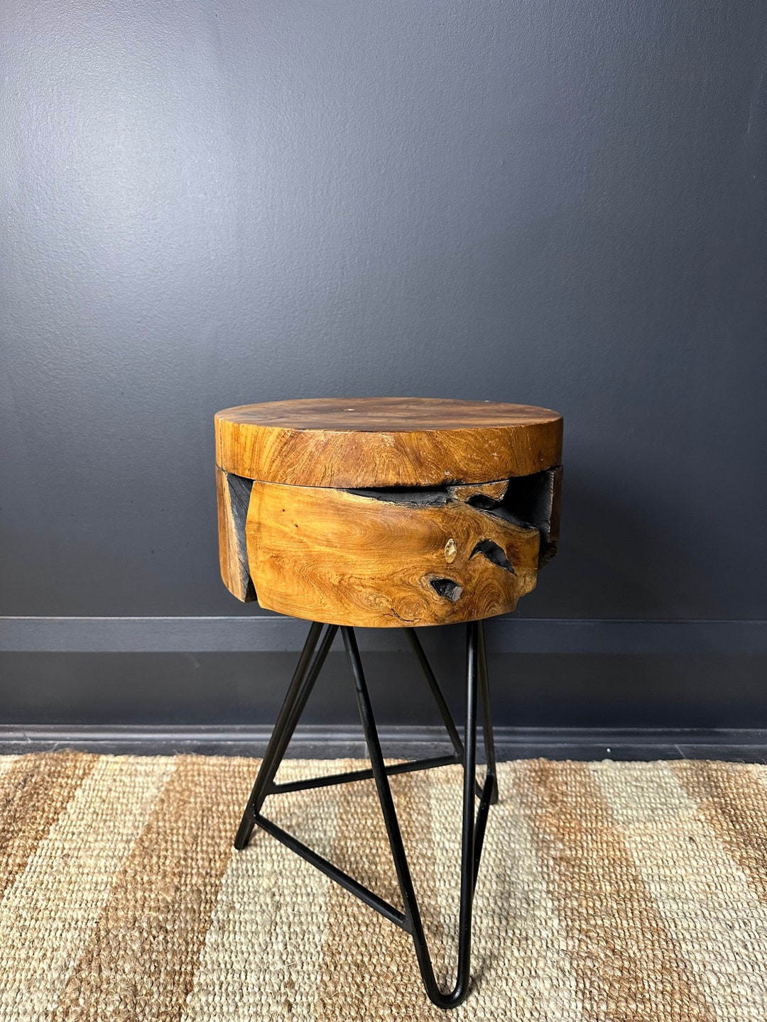 Teak Round Live Edge Table, Wooden Side Table, Pin Legs, Modern Rustic ...