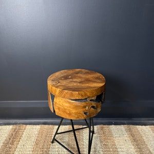 Teak Round Live Edge Table, Wooden Side Table, Pin Legs, Modern Rustic ...