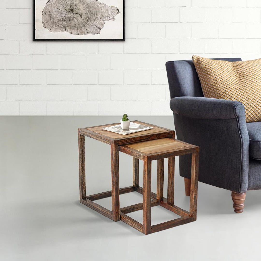 Solid Wood Nesting Side Table Set of 2, Teakwood Natural Wood Tables ...