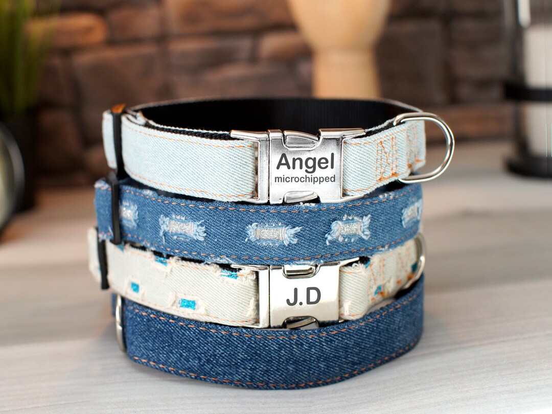 Blue Jean Dog Collar With Custom Engraving, Distressed Denim Dog Collar ...